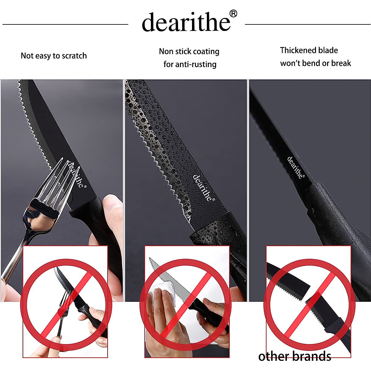 dearithe Steak knives set of 6, Black Serrated Stainless Steel Sharp Blade Flatware Steak Knife Set, 4.5 Inches,Non stick coating for Anti-rusting, for Restaurant Tableware Kitchen Camping