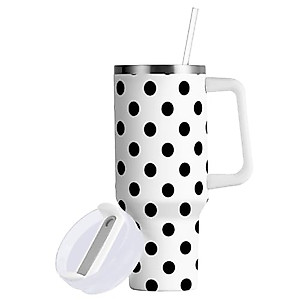 Black White Polka Dot Print Tumbler with Handle and Straw Lid, 40 oz Insulated Coffee Cup Stainless Steel Water Bottle Travel Mug Cupholder Friendly,Gifts for Women Men