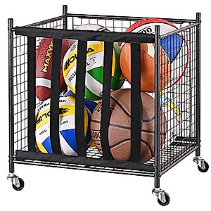 Mythinglogic Rolling Sports Ball Storage Cart, Sports Lockable Ball Storage Locker with Elastic Straps, Stackable Ball Cage for Garage Storage Garage Organizer (1 Set)
