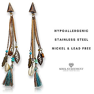 Women's Bohemian Leather Tassel Long Drop Earrings Stone Charms