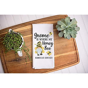 CANARY ROAD Personalized Gnome is Where My Honey Bee Kitchen Towel | Custom Bee Theme Dish Towel | Summer Kitchen Decor | Seasonal Decor | Kitchen Accessories | Housewarming Gift | Gift for Friend