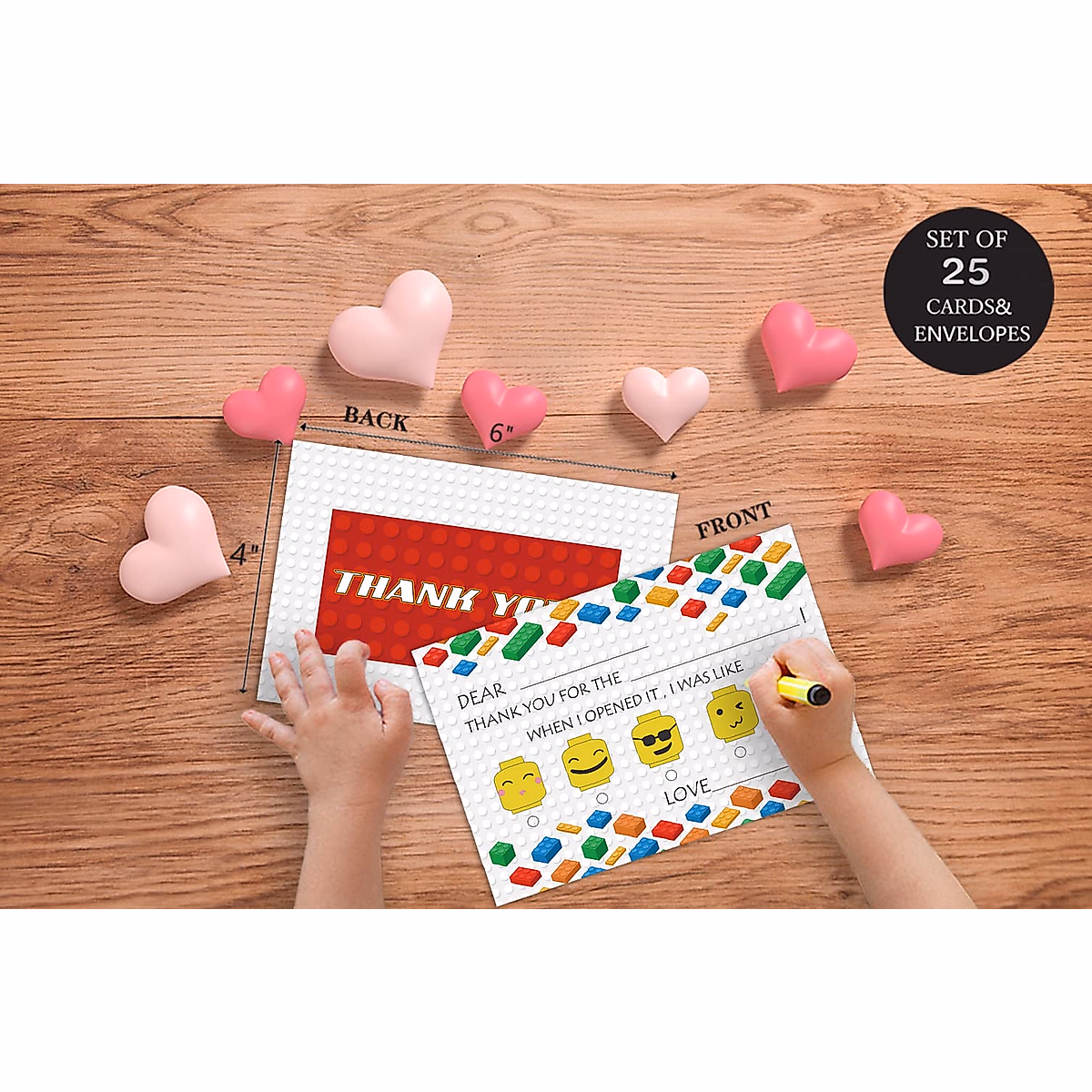 QOFO Building Blocks Fill in the Blank Thank You Cards,Thank You Notes,Gender Neutral Thank You Cards,For Boys Girls Birthday Party,Event,or Holiday Use,Thank You Notes with Envelopes Set of 25-GXK10