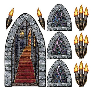Medieval Party Decorations with Castle Decorations including Castle Door with Drawbridge, Windows, Stone Stairway, and Torch Props - For Birthday, Halloween, Medieval, Renaissance Knight Castle Party