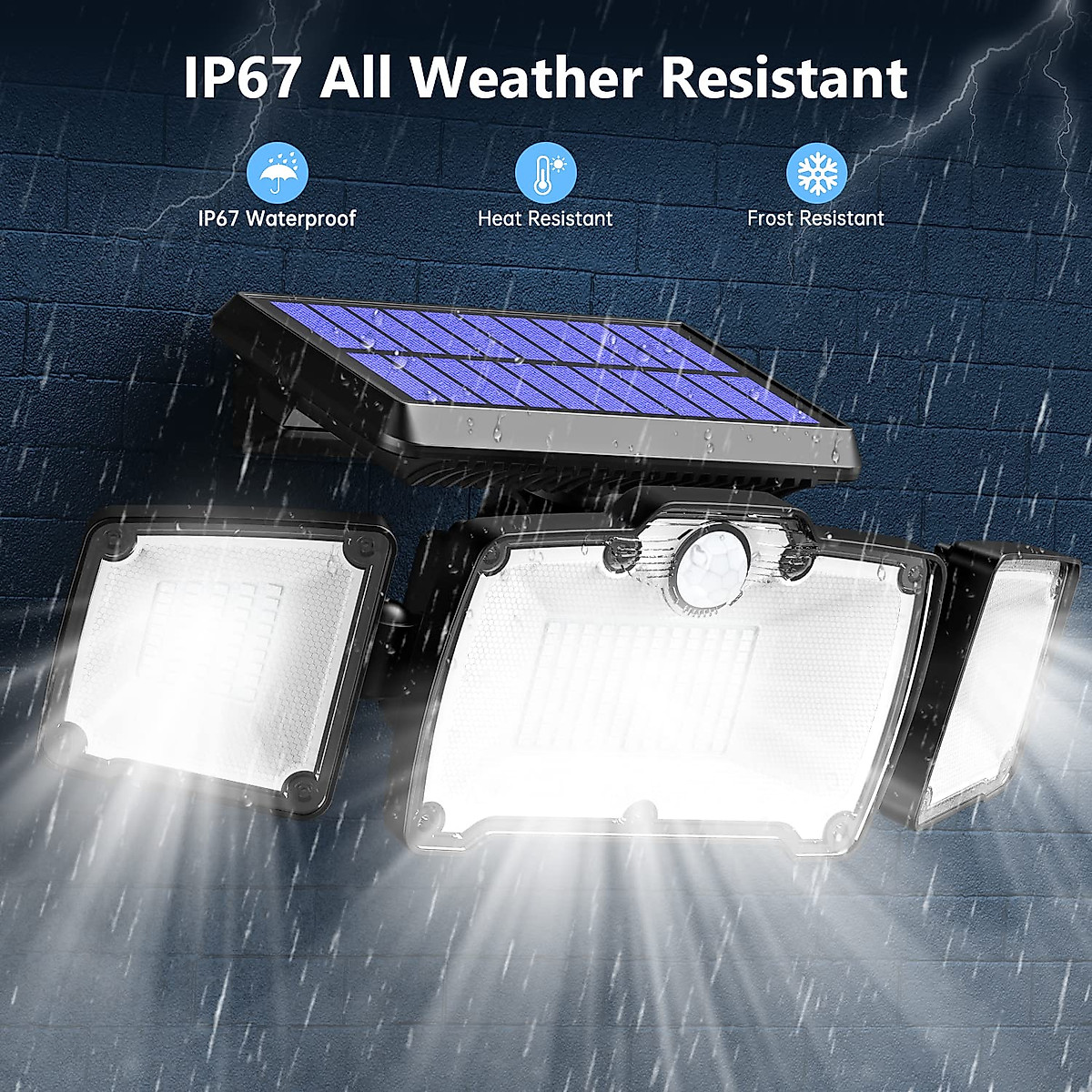 BAILABA Solar Outdoor Lights, 218 LED 2800LM Flood Lights with Remote Control, 3 Heads Solar Security Outdoor Lights, IP67 Waterproof, 270° Wide Angle Illumination Motion Sensor Lights with 3 Modes