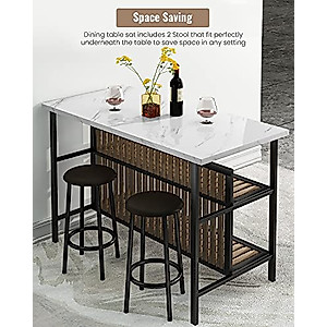 AWQM 3 Piece Bar Table Set,Kitchen Island Table with Storage and Seating Counter Bar Table Table and Chairs Set with Shelves,Faux Marble Dining Table Set for 2,Kitchen Table Set for Small Space,White