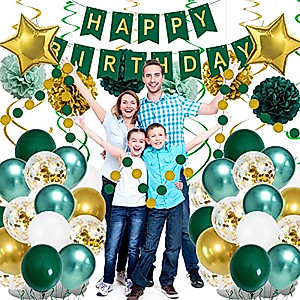 Birthday Decorations, Green Gold Birthday Party Decorations for Boy Girls Men Women, Birthday Balloons with Happy Birthday Banner, Paper Pompoms, Confetti Balloons for Birthday Party Decorations