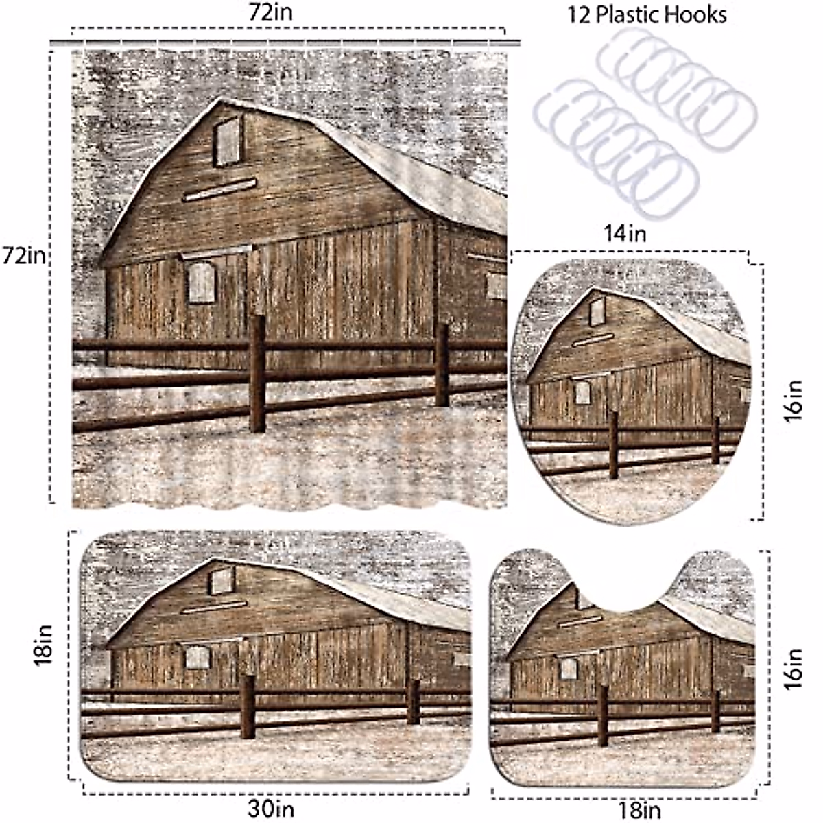 SiMiWOW Rustic Farmhouse Barn Shower Curtain Set with Bath Mat Bath Rugs Bathroom Decor Set of 4 Pieces
