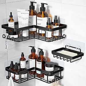 YASONIC Corner Shower Caddy, 3-Pack Adhesive Shower Caddy with Soap Holder and 12 Hooks, Rustproof Stainless Steel Bathroom Shower Organizer, No Drilling Wall Mounted Shower Rack, for Bathroom, Black
