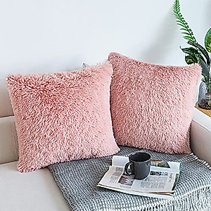 NordECO HOME Luxury Soft Faux Fur Fleece Cushion Cover Pillowcase Decorative Throw Pillows Covers, No Pillow Insert, 18" x 18" Inch, Pink, 2 Pack