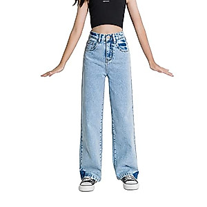 Romwe Girl's Vintage High Waisted Straight Leg Jeans Regular Fit Denim Pants Blue Light Wash 160