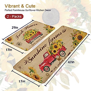 INFISIBLE Sunflower Kitchen Rugs Farmhouse Style Sets of 2 Yellow Sunflower Red Truck Kitchen Farmhouse Decor Summer Kitchen Floor Linen Rugs and Mats Non Slip Washable, 17x29 and 17x47 Inch