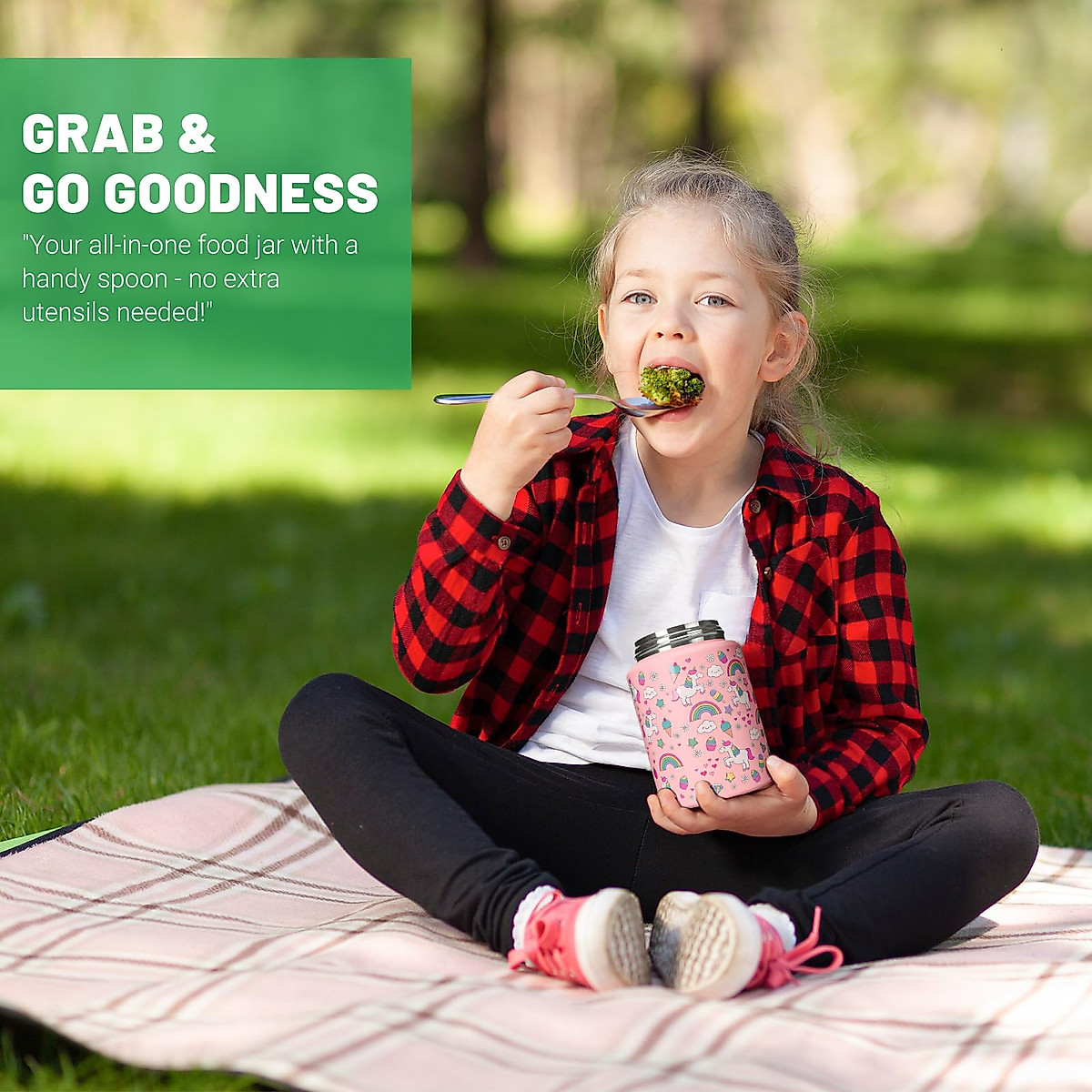 Charcy 17 Ounce Kids Thermos for Hot Food - Soup Thermos with Folding Spoon - Insulated Food Jar for Hot & Cold Food - Green Horse