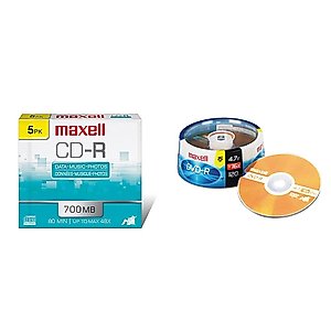 Maxell 648205 Polycarbonate Substate 700Mb 80 Min CD-Recordable Slim Jewel 5 Pack & 638006 DVD-R 4.7 Gb Spindle with 2 Hour Recording Time & Superior Recording Layer Technology, 100 Year Archival Life