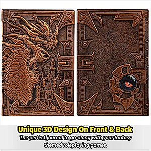 DND Notebook / Journal, Unique 200 Page Book with 3D Bronze Dragon Embossed Faux Leather Cover with Pen- Ideal for Dungeons & Dragons / D&D. Great RPG Accessories Nerdy Fantasy Gift for DM's & Players, Men or Women.