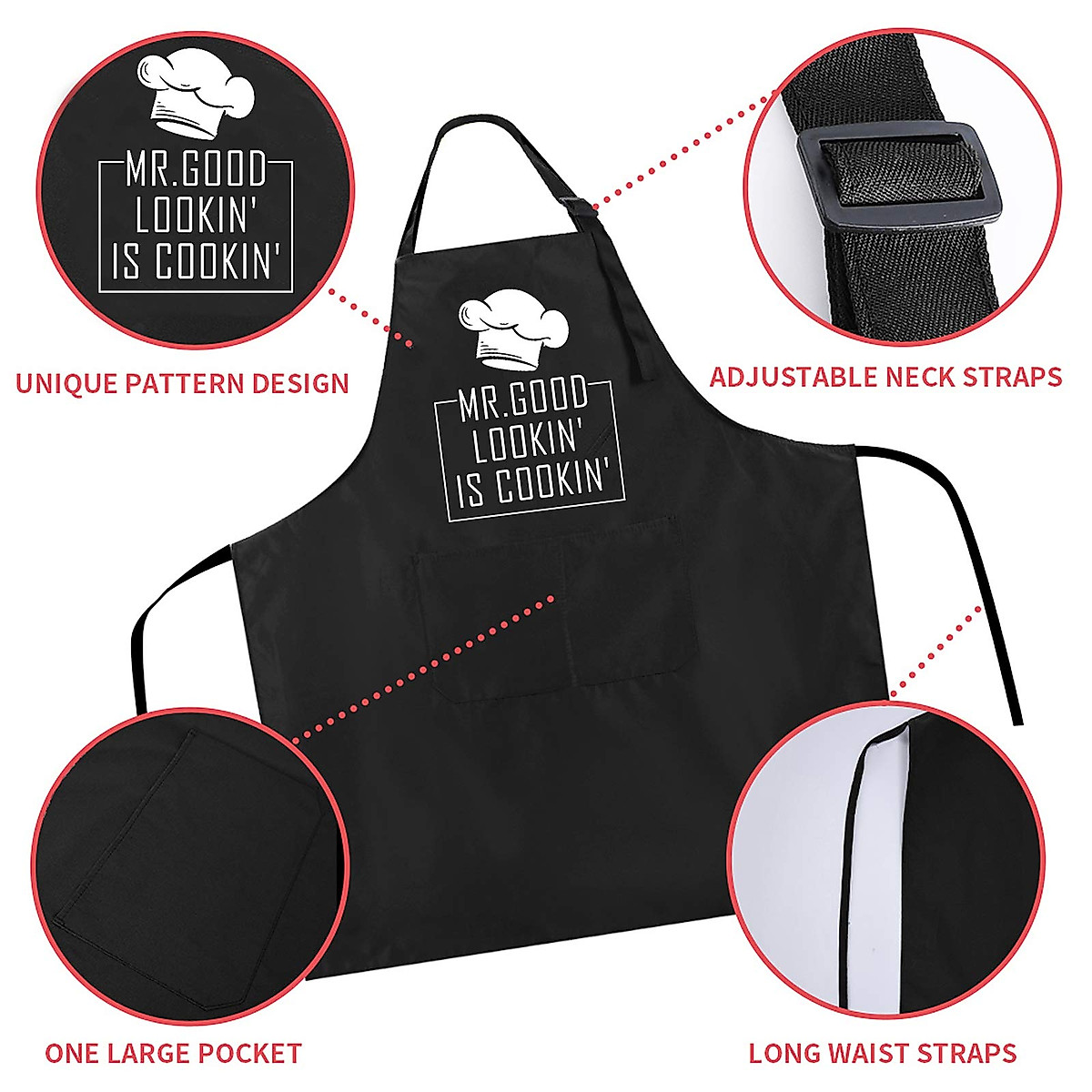 Rosoz Funny BBQ Black Chef Aprons for Men, Mr Goodlookin' is Cookin', Adjustable Kitchen Cooking Aprons with Pocket Waterproof Oil Proof Father’s Day/Birthday
