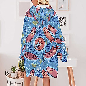 WLBKFID Cute Otters Blanket Hoodie for Women, Funny Animals Adults Comfortable Long Oversized Wearable Blanket with Large Pocket Soft Warm Hooded Blanket Sweatshirt