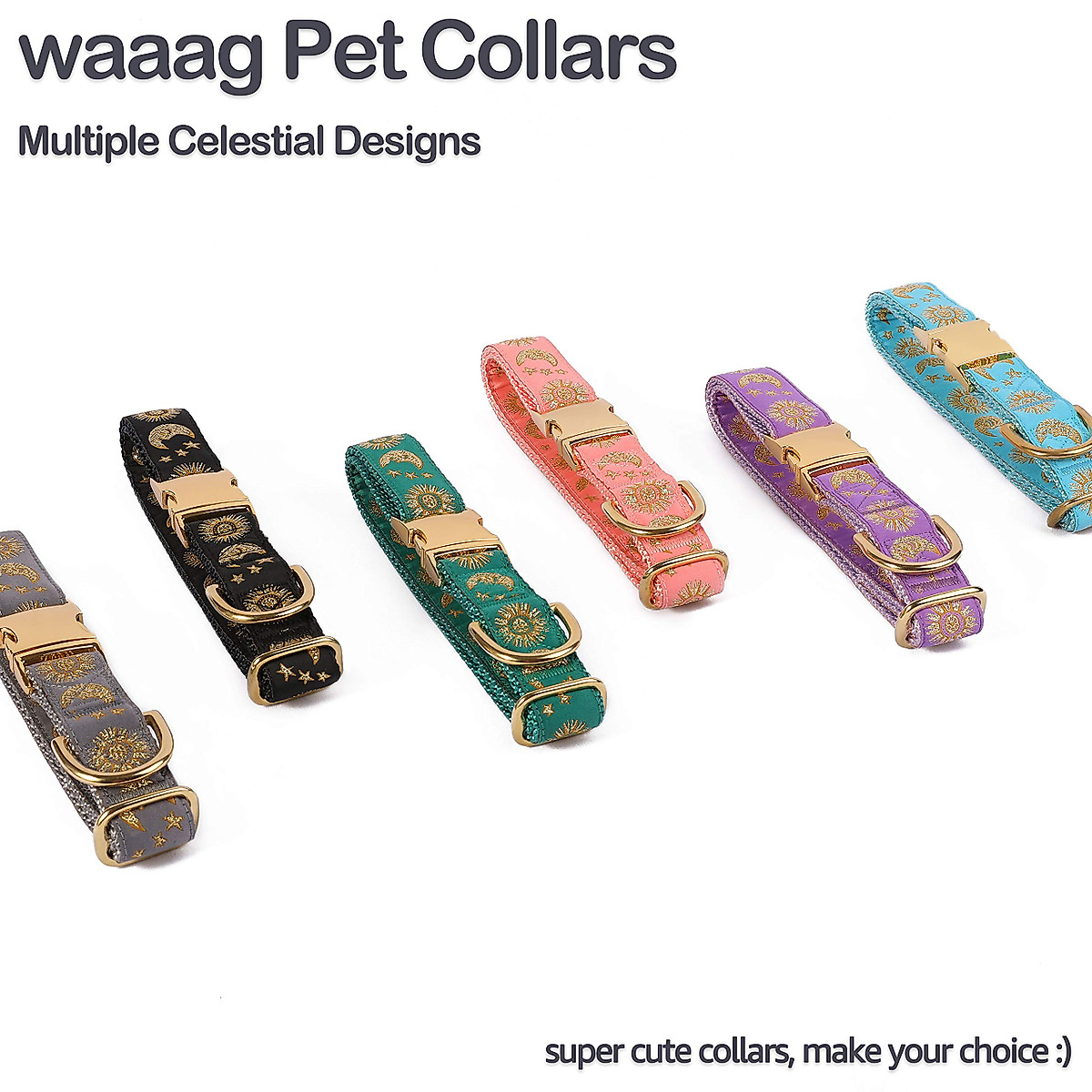 waaag Pet, Moons Stars Suns Dog Collar Cat Collar, Multiple Designs Crescent Celestial Dog Cat Collar Leash Harness Medium (Pack of 1)