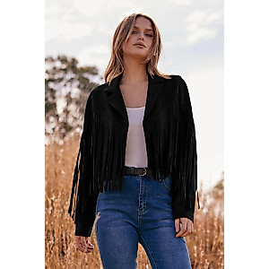 PRETTYGARDEN Women's Fringe Faux Suede Leather Jackets 2025 Fashion Tassel Motorcycle Cropped Coats (Black,Large)