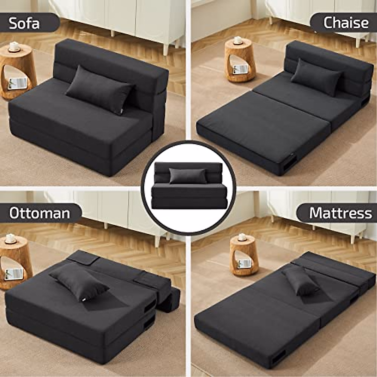 SUYOLS Folding Sofa Bed with Pillow - Convertible Chair Floor Couch & Sleeping Mattress - Foldable Memory Foam Sleeper for Living Room/Dorm/Guest Room/Home Office/Apartment/Upstairs Loft, Dark Grey