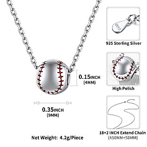 Baseball Necklaces for Women Men 925 Sterling Silver Baseball Pendant with 18 Inches Chain Sports Jewelry for Baseball Lover
