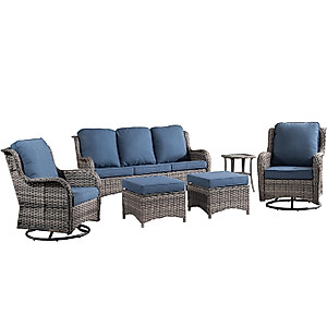 6 Piece Outdoor Patio Furniture Set Wicker Conversation Bistro Set Swivel Rocking Chairs with Side Table and Ottomans for Backyard, Porch, Balcony,Grey Wicker Denim Blue