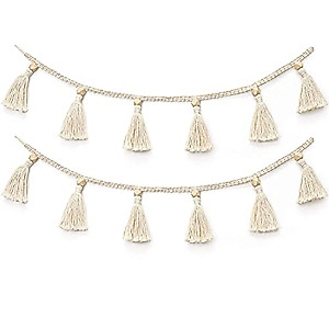 Dahey Wood Bead Garland with Tassels Banner Pom Pom Balls Garlands Decorative Wall Hanging for Boho Home Decor, Baby Shower, Nursey Room, Wedding, Birthday Christmas Party Decorations