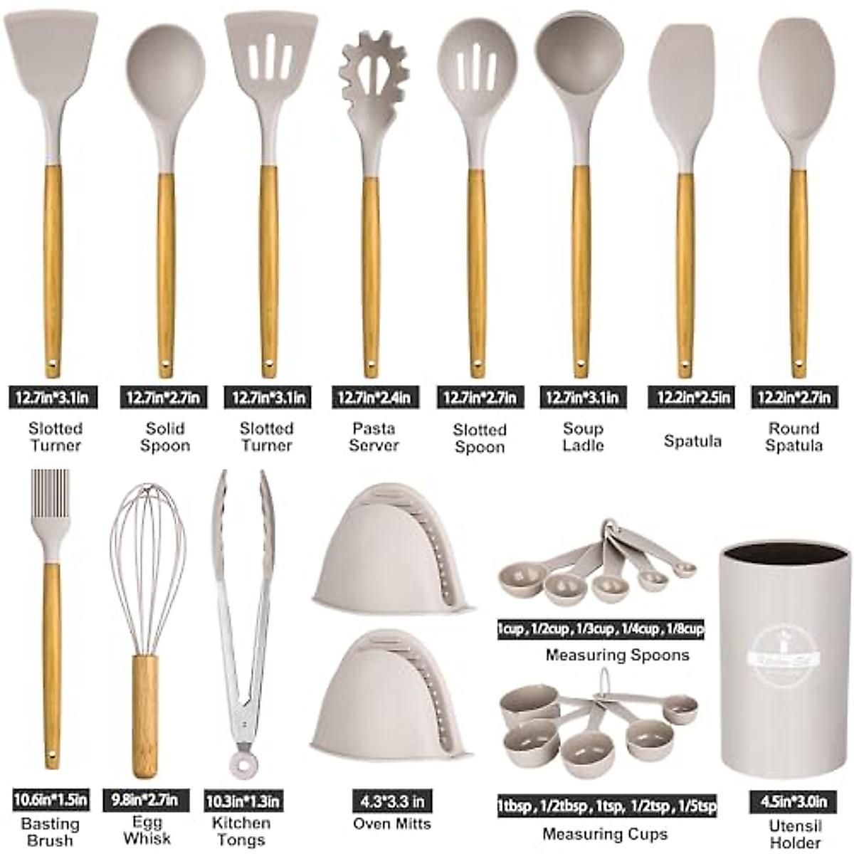 24 Pcs Kitchen Cooking Utensils Set,446°F Heat Resistant Non-Stick Silicone Kitchen Utensil Set With Wooden Handles and Holder,Kitchen Gadgets for Cookware,Kitchen Accessories,Khaki