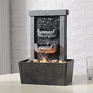 GOSSI Home Décor 10.3 in Indoor Waterfall Fountain Relaxation High Pressure Water Pumps Tabletop Fountain Nature Feeling Water Fountains with Reflective Lighting/River Rocks Home/Office Decoration