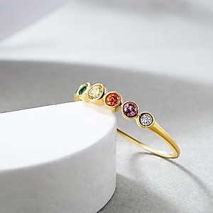 E Gold Ring for Women Rainbow Eternity Jewelry Rings Band Colorful Round Cubic Zirconia CZ Wedding Rings Dainty 14K Gold Rings for Women (round cz,6)