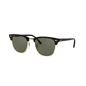 Ray-Ban RB3016F Clubmaster Low Bridge Fit Square Sunglasses, Black/Polarized G-15 Green, 55 mm