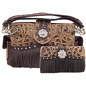 Rhinestone Concho Leather Fringe Gleaming Laser Cut Conceal Carry Handbag Purse (Brown Purse and Wallet)