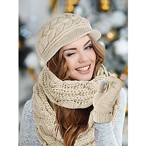 URATOT 3 Pieces Women Winter Hat Scarf Glove Set Warm Skull Beanie Hat with Visor Knitted Touch Screen Glove Scarf 3 In 1 Set