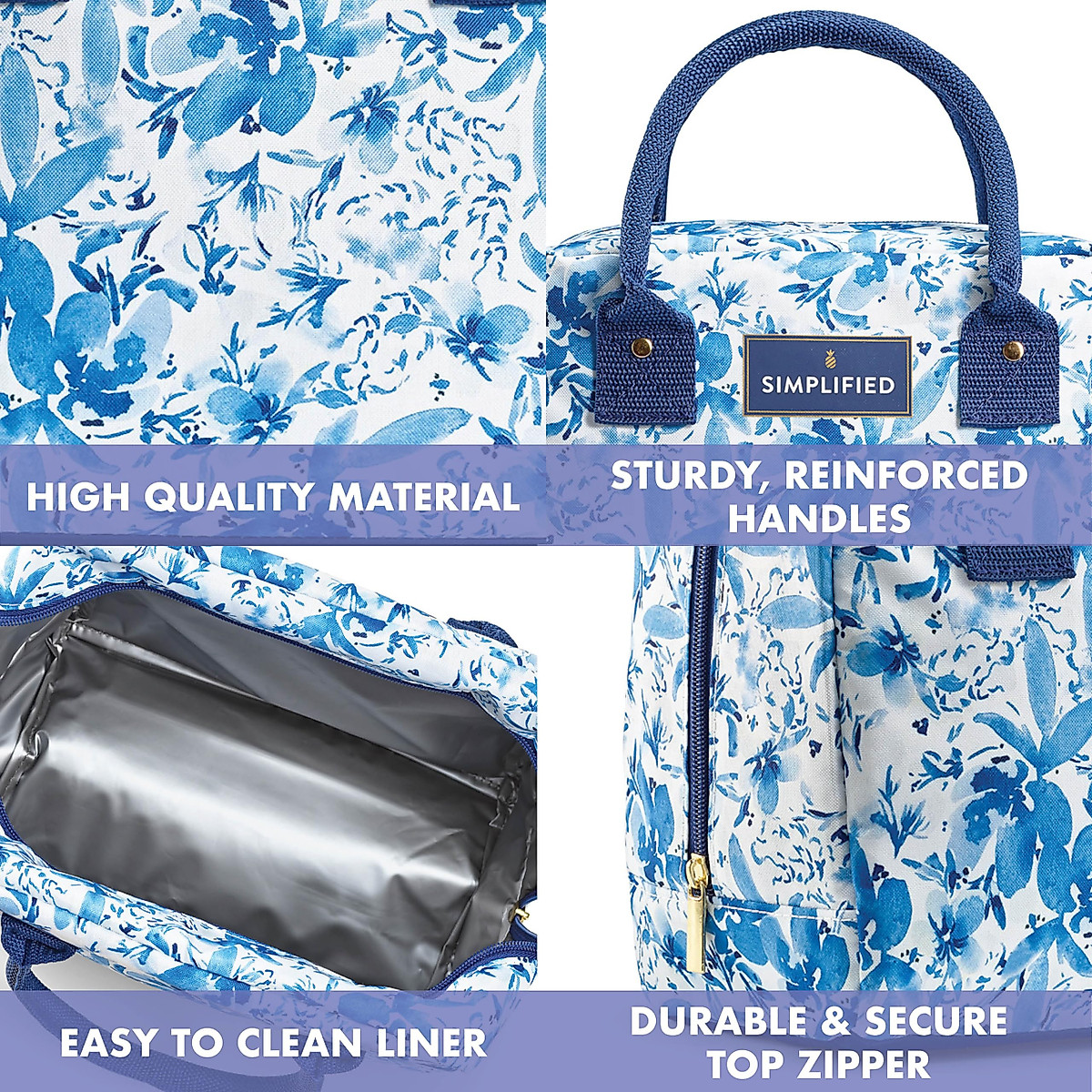 Fit & Fresh Lunch Bag For Women, Insulated Womens Lunch Bag For Work, Leakproof & Stain-Resistant Large Lunch Box For Women With Containers, Zipper Closure Bloomington Bag Blue Floral