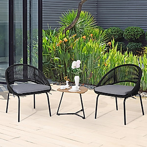 COBANA 3 Piece Patio Bistro Set, Outdoor Woven Rope Conversation Balcony Furniture Set with Wood Coffee Table and Cushioned Chairs for Garden, Backyard, Deck, Poolside, Black