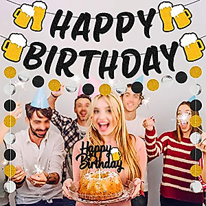 Happy Birthday Banner Cheers for 20 21 24 25 28 30 40 50 60 70 80 Years with Cake Topper Circle Dots Garland for Men Women Him Her Bday Party Supplies Glitter Black Decorations Pre-Strung