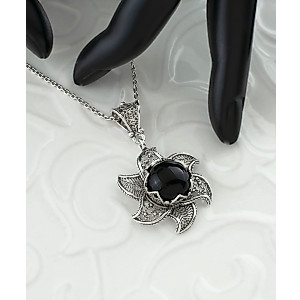 Filigranist 925 Sterling Silver Filigree Art 3D Lotus Flower Women Pendant Necklace with Gemstones (Black Onyx)