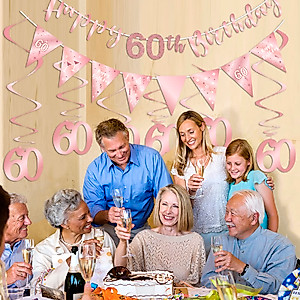 60th Birthday Decoration Kit for Women, Happy 60th Birthday Banner Bunting Swirls Streamers, Triangle Flag Banner for Birthday Party Decorations Supplies Rose Gold 60th