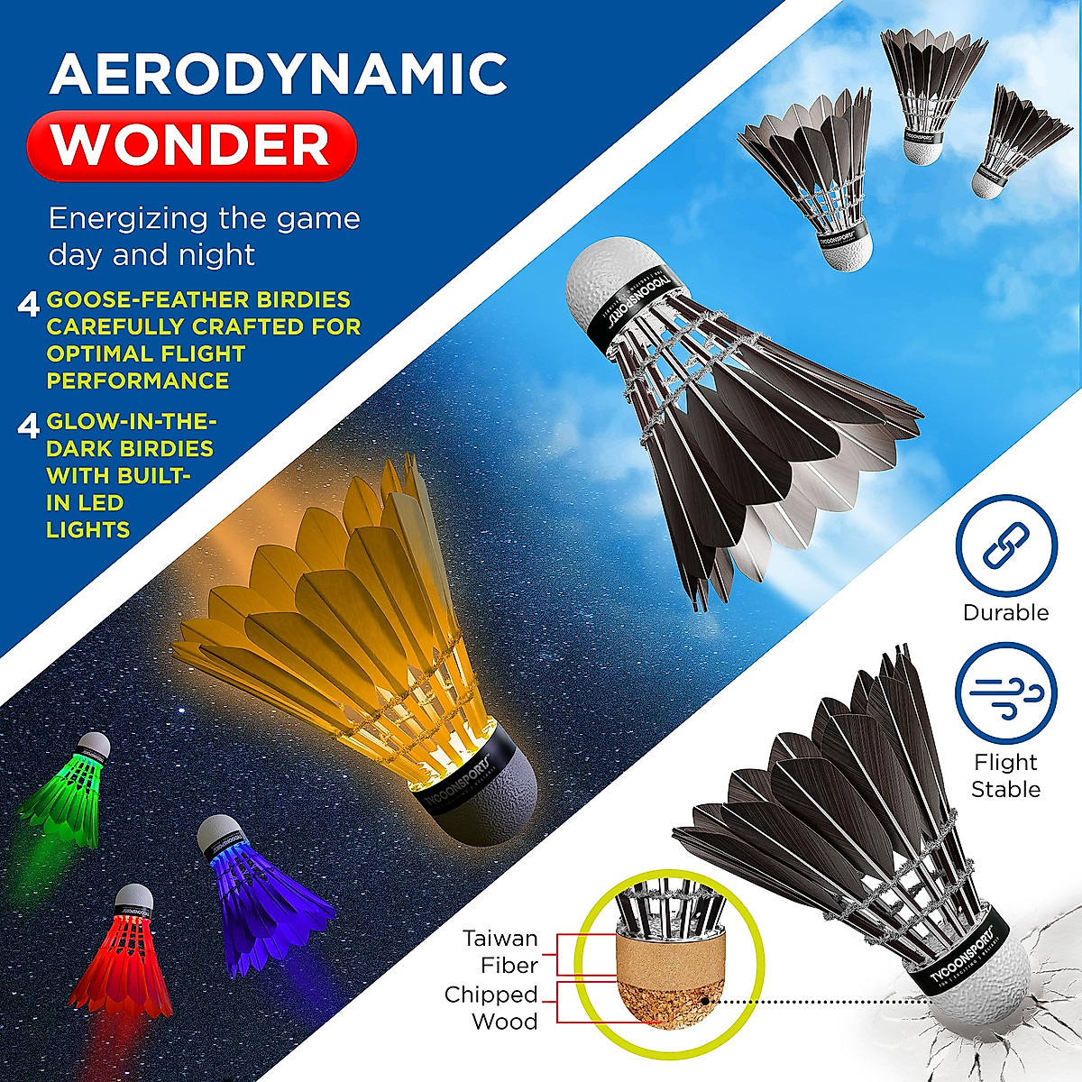 Complete Badminton Set | Portable Badminton Net with Stand 10 x 5 | 4 Badminton Rackets | 4 Over-Grips | 4 Racket Protectors | 8 Badminton Birdies (4 LED & 4 Goose-Feather) | 1 Hard Carry Case