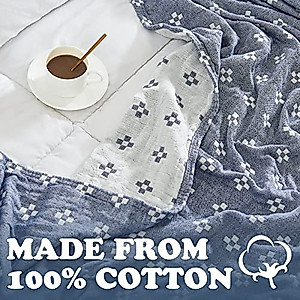 jinchan Boho 100% Cotton Blanket Muslin Lightweight Twin Size Quilted Throw Blanket for Couch Soft Cozy All Season Blanket 3-Layer Floral Throw Cotton Blanket for Bedroom Decor Blue 60”x80“