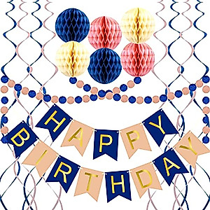 Navy Rose Gold Birthday Decorations with Happy Birthday Banner, Honeycomb Balls, Metallic Hanging Swirls and Circle Parper Garland, Birthday Decorations for Women