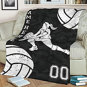 OhaPrints Custom Volleyball Black Camo Volleyball Girl Personalized Name Number Soft Sherpa Throw Blankets Cozy Fuzzy Fleece Throws for Tv Sofa Couch Comfy Fluffy Blanket 30X40 50X60 60X80