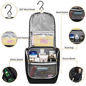 Della Gao Black Water Repellent Polyester Hanging Toiletry Bag for Travel