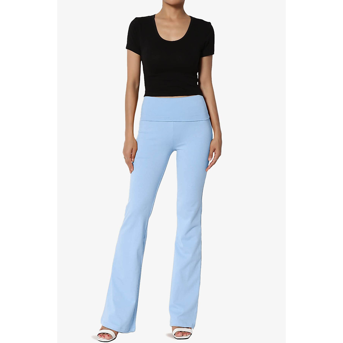 TheMogan Women's Basic Foldover Waistband Comfy Stretch Cotton Boot Cut Lounge Yoga Pants Light Blue XL
