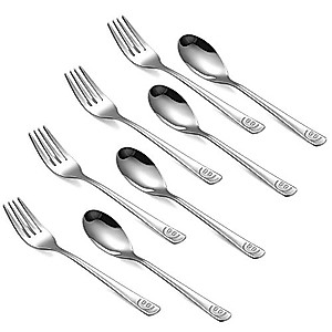 8 Pieces Kids Utensils Stainless Steel Kids Toddler Flatware Kids Spoon and Fork Set Includes 4 Spoon and 4 Fork with Smile Mirror Polished for Children Daily Use Preschooler (Silver)