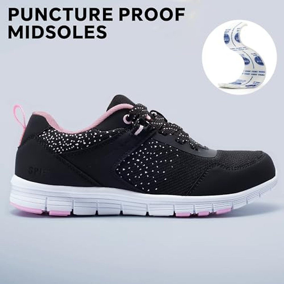 SPIEZ Lightweight Composite Toe Safety Shoes for Women, Non-Slip Puncture Proof Work Shoes for Ladies, Breathable Safety Toe Sneakers for Work and Daily Wear (Women Size 7) Black-Pink