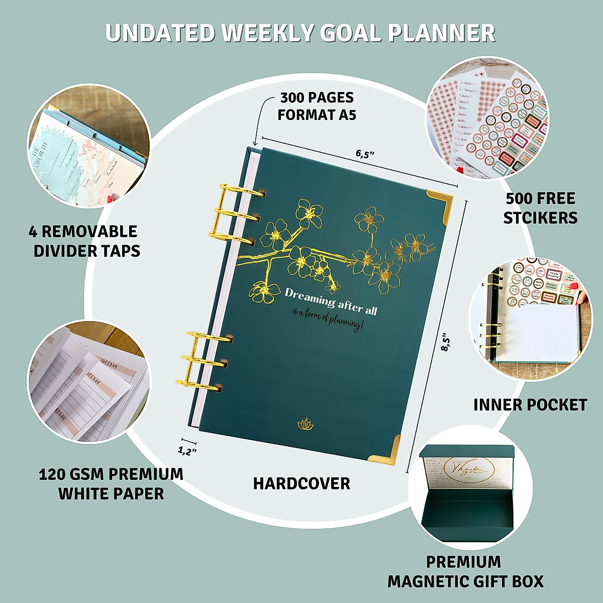 Bossy Girl Journey Goal Planner Undated Weekly Monthly Productivity Journal With Habit And Budget tracker A5 Size 8.5 X 5.8 Binder 6 ring Refillable To Beat Procrastination, Stay More Focused