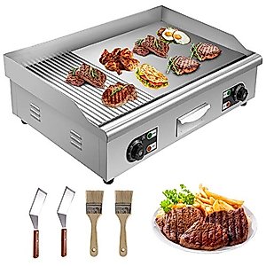 VEVOR 29" Commercial Electric Griddle,Electric Countertop Flat Top Griddle 220V 3000W Half Grooved/Flat,Non-Stick Restaurant Teppanyaki Stainless Steel Grill,Temperature Control 122°F-572°F.