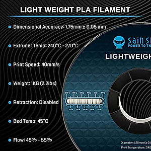 SainSmart Light Weight Filament 1.75mm, LW-PLA Low-Density Active Foaming 3D Printer Filament for RC Planes Drone Parts and Cosplay, White PLA Filament, 1KG