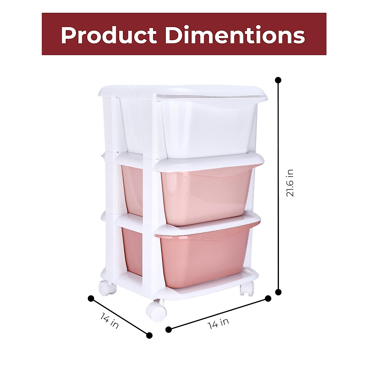 G-Rack Plastic 3 Drawer Storage with Wheels - Pink - Storage Organizer Bins with Drawers - Rolling Storage Cart with Drawers - Plastic Drawers - 21x14x14 inch