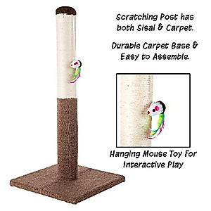 PETMAKER Cat Scratching Post - Tall Scratcher for Cats and Kittens with Sisal Rope and Carpet, Hanging Mouse Toy for Interactive Play (24.5 Inch)